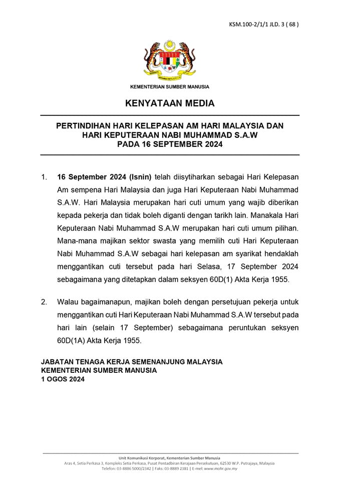 Is Prophet Muhammad's Birthday a Public Holiday in Malaysia?